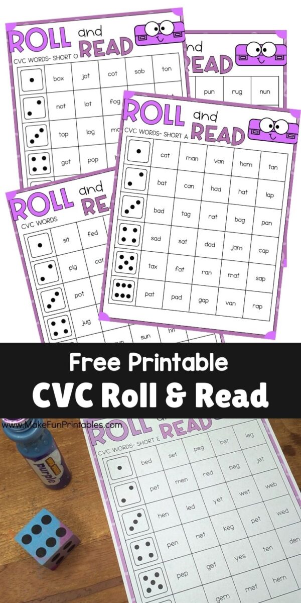 CVC Roll and Read Printable for Short Vowels - Make Fun Printables