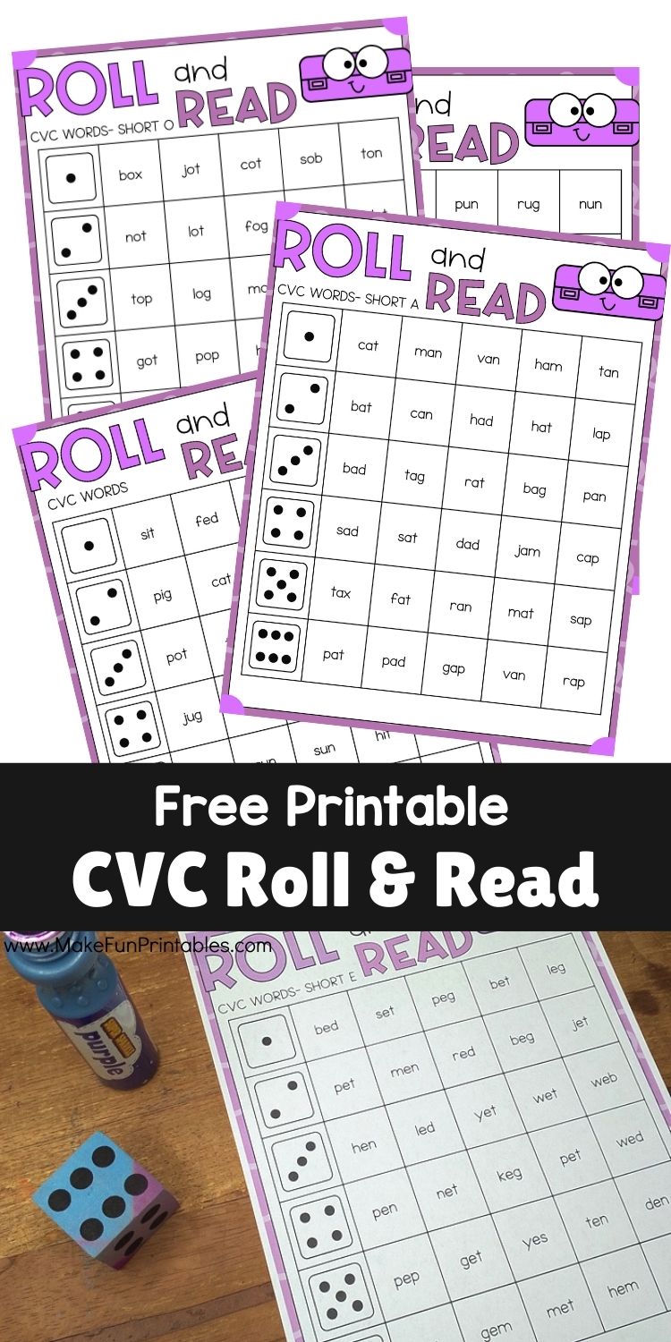 CVC Roll and Read Printable for Short Vowels - Make Fun Printables