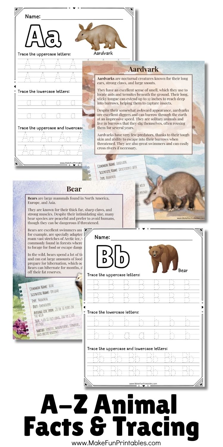 A-Z Animal Facts and Tracing Worksheets - Make Fun Printables
