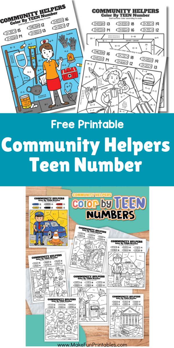 Community Helpers – Color by Teen Number Worksheets for Preschool ...