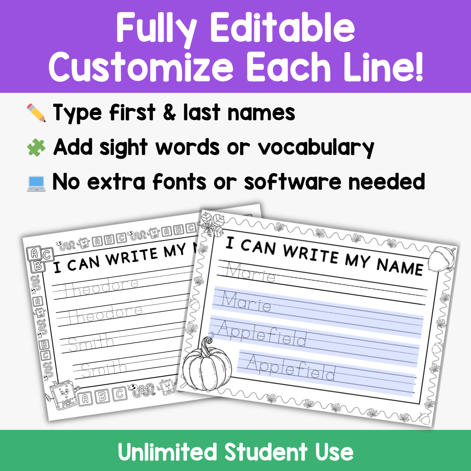 Name Tracing Worksheets – Editable Printable PDF (15 Themes) - Make Fun ...