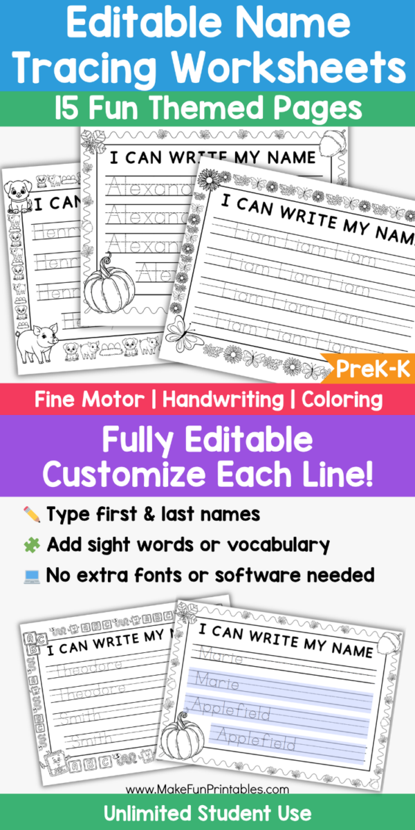 Editable Name Tracing Worksheets with 15 Fun Themed Pages - Make Fun ...